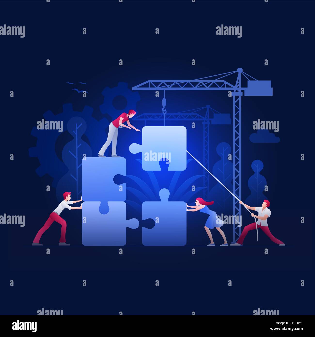 Vector illustration people are building a new achievements with jigsaw ...