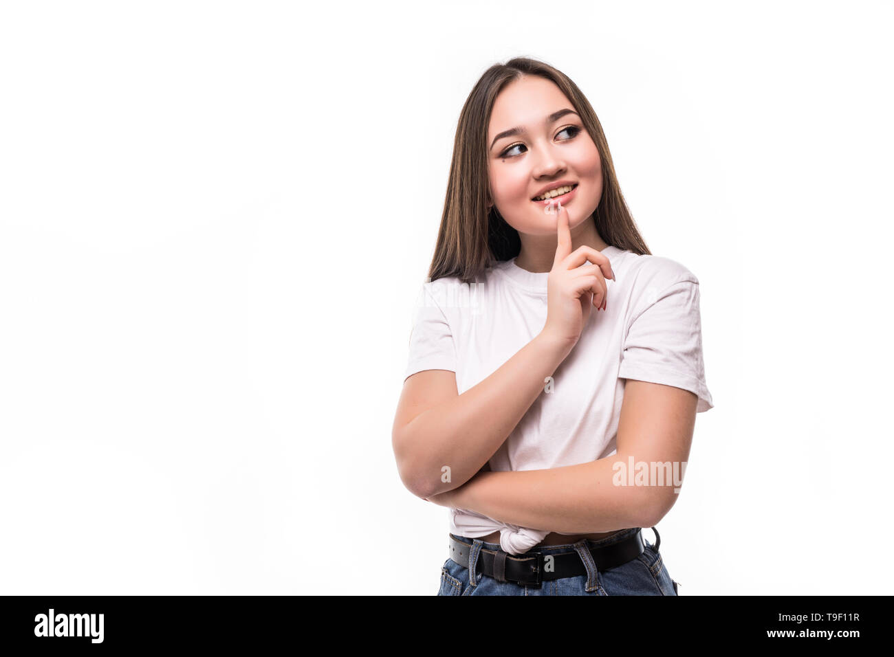 Asian Young woman with hands on chin isolated on white background Stock ...