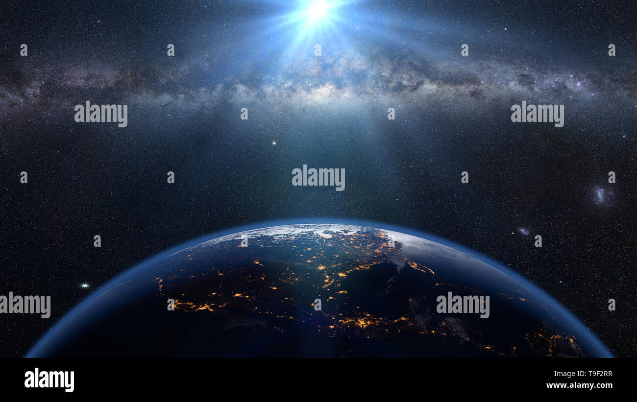 sunset over planet Earth, the beautiful city lights of North America ...