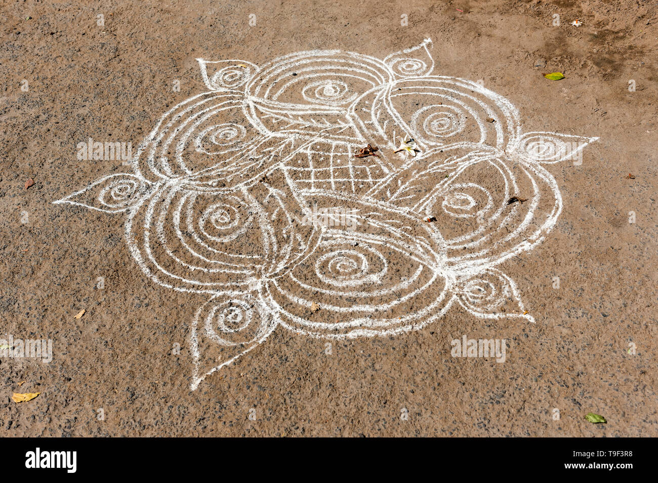 Kolam sand-painting drawn with rice powder, Mahabalipuram (Mamallapuram ...