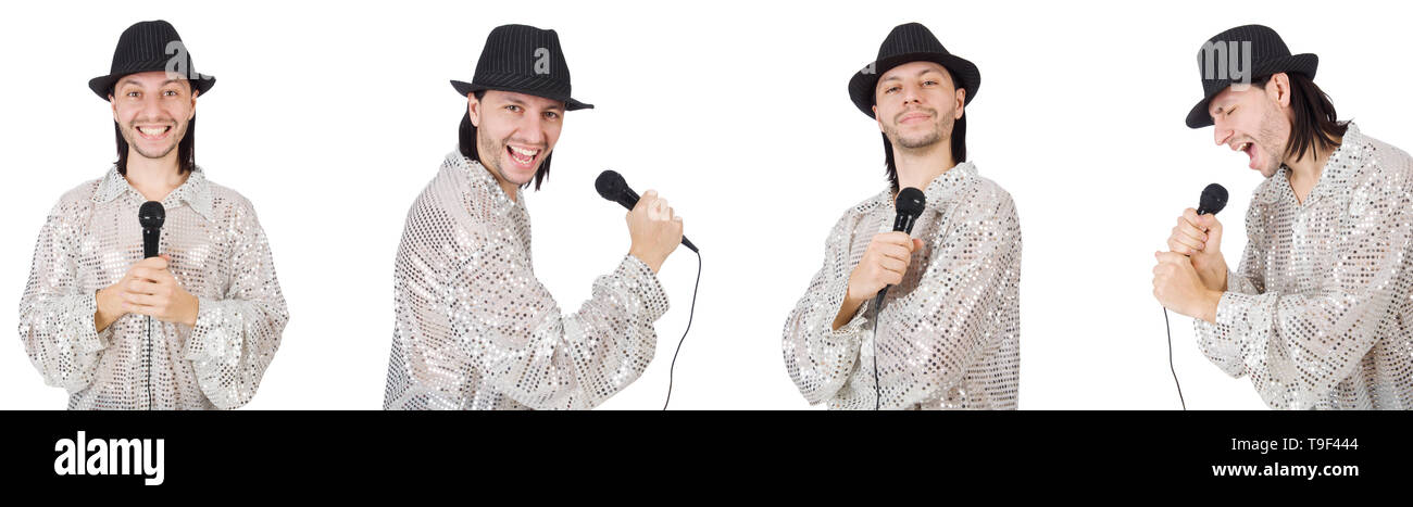 Young man singing with microphone isolated on white Stock Photo - Alamy