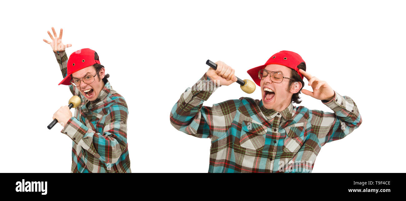 Funny guy singing isolated on white Stock Photo - Alamy
