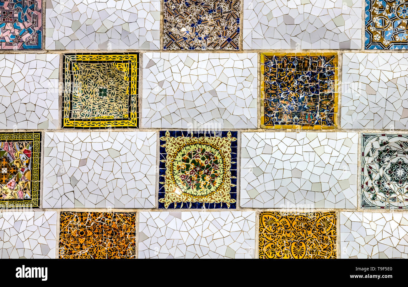 close up detail of a Geometric mosaic of ceramic tile by Antoni Gaudi ...
