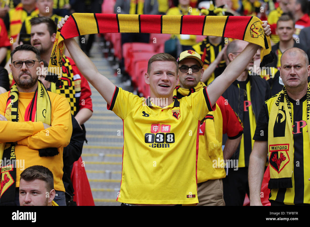 London, UK. 18th May, 2019. A Watford fan before the FA Cup Final match ...