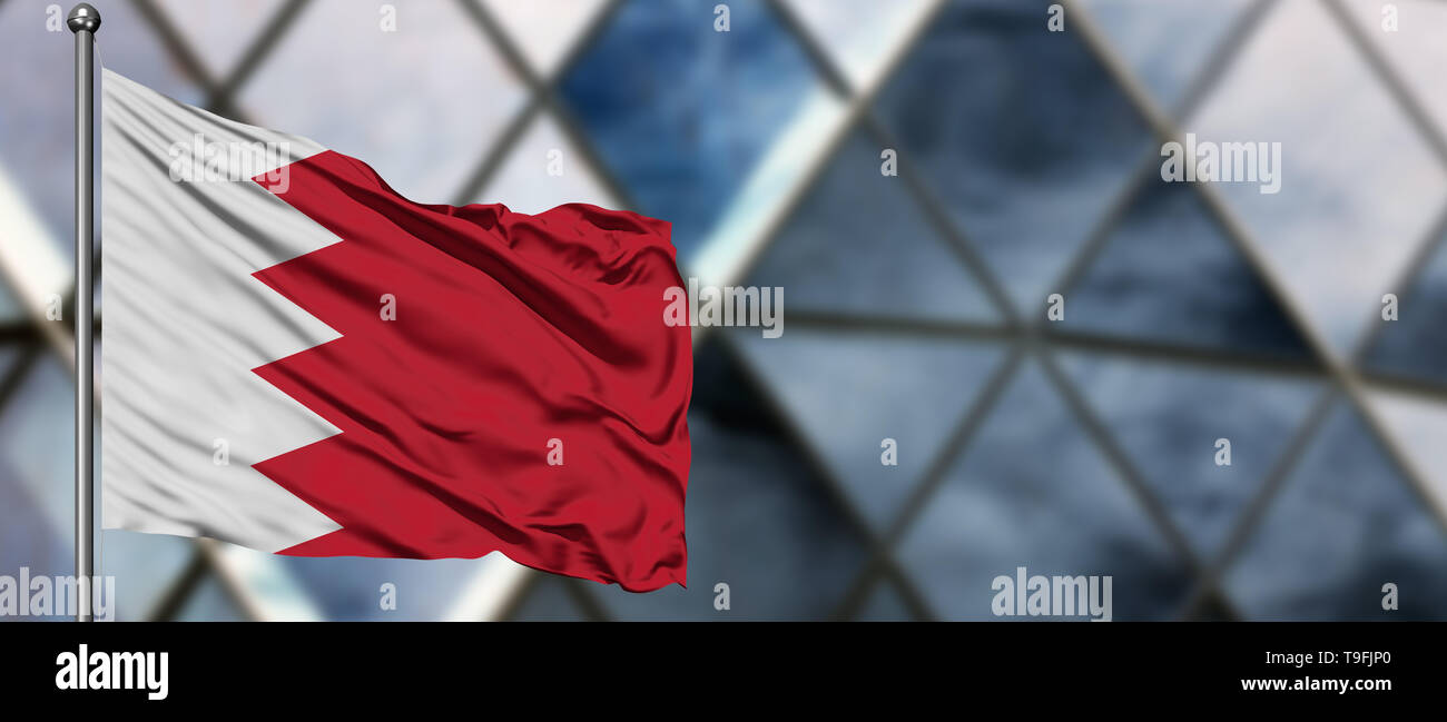 Bahrain flag waving in the wind against blurred modern building ...