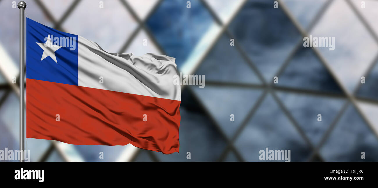 Chile flag waving in the wind against blurred modern building. Business ...