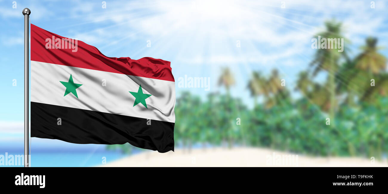Waving Syria flag in the sunny blue sky with summer beach background ...