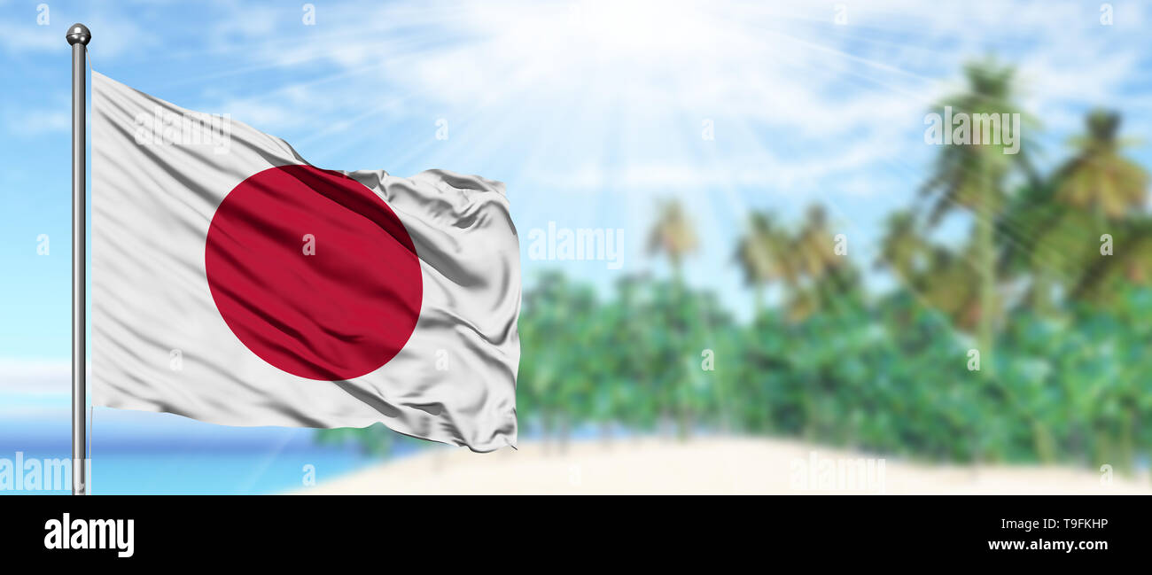Waving Japan flag in the sunny blue sky with summer beach background ...