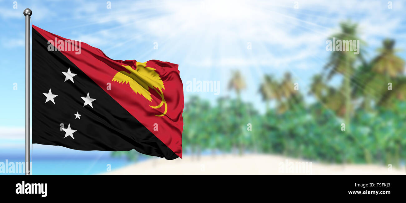 Waving Papua New Guinea flag in the sunny blue sky with summer beach ...