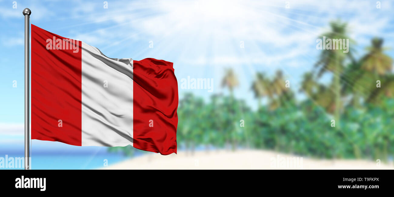 Waving Peru flag in the sunny blue sky with summer beach background ...