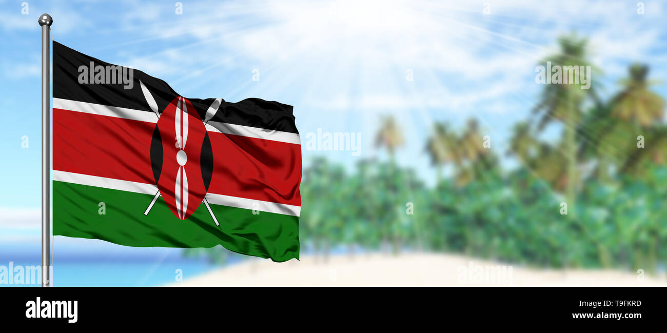 Waving Kenya flag in the sunny blue sky with summer beach background ...