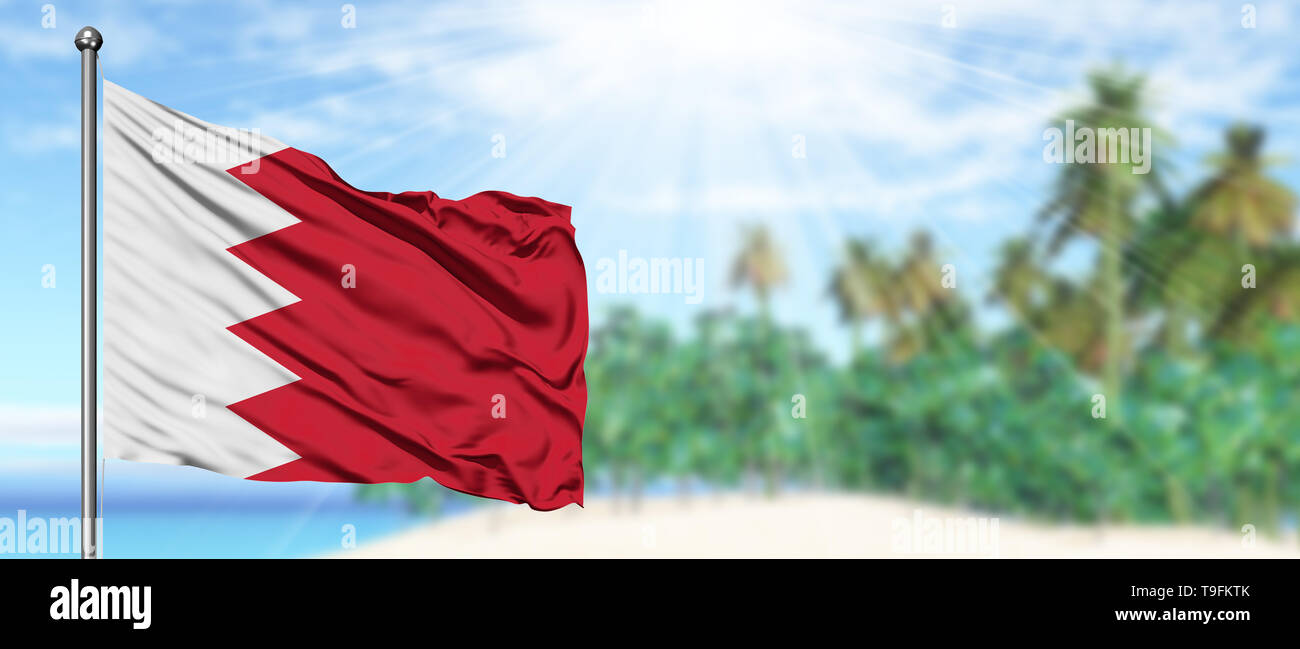 Waving Bahrain flag in the sunny blue sky with summer beach background ...