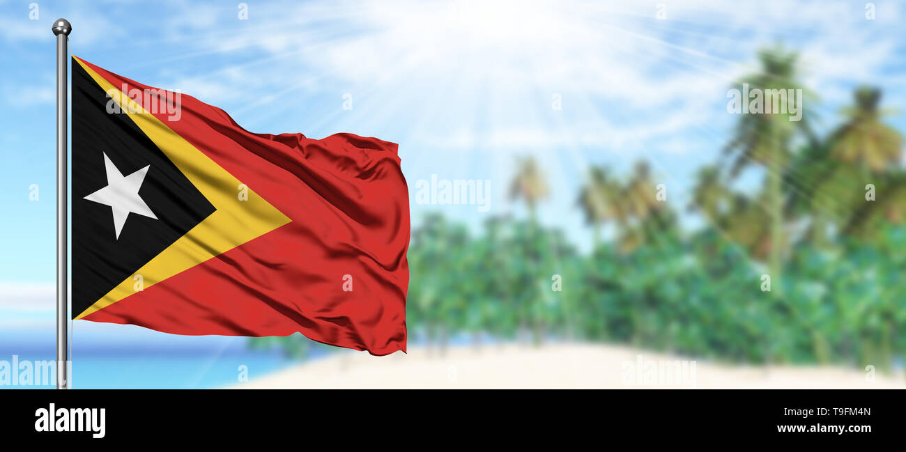 Waving East Timor flag in the sunny blue sky with summer beach ...