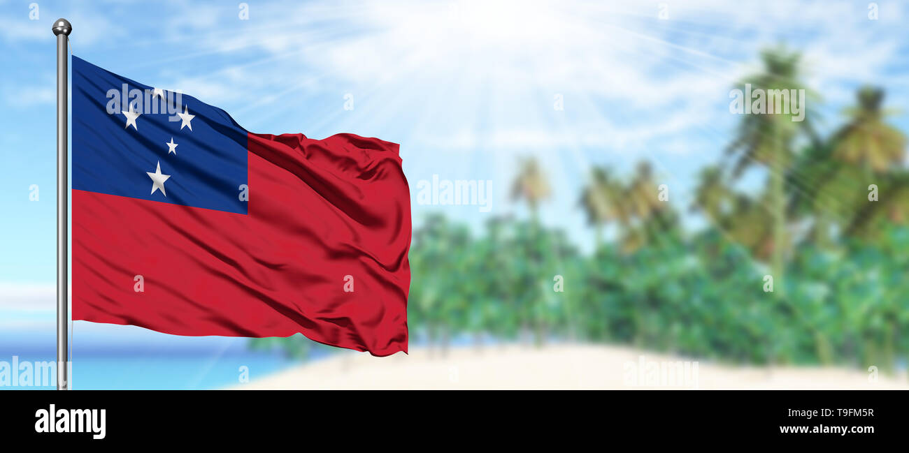 Waving Samoa flag in the sunny blue sky with summer beach background ...