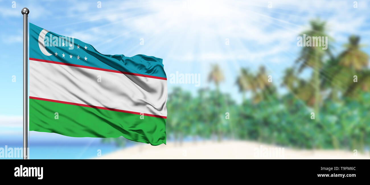 Waving Uzbekistan flag in the sunny blue sky with summer beach ...