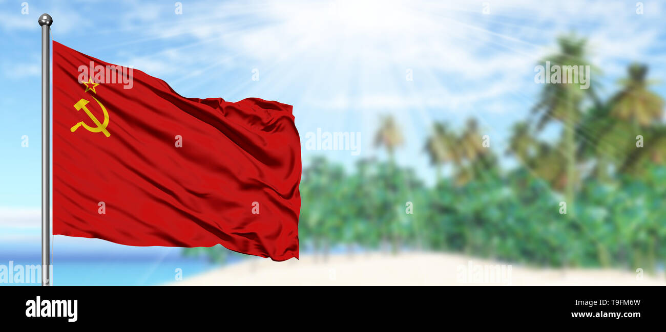 Waving Soviet Union flag in the sunny blue sky with summer beach ...