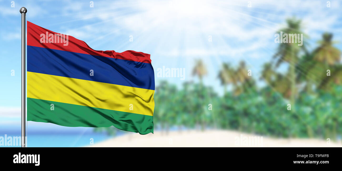 Waving Mauritius flag in the sunny blue sky with summer beach ...