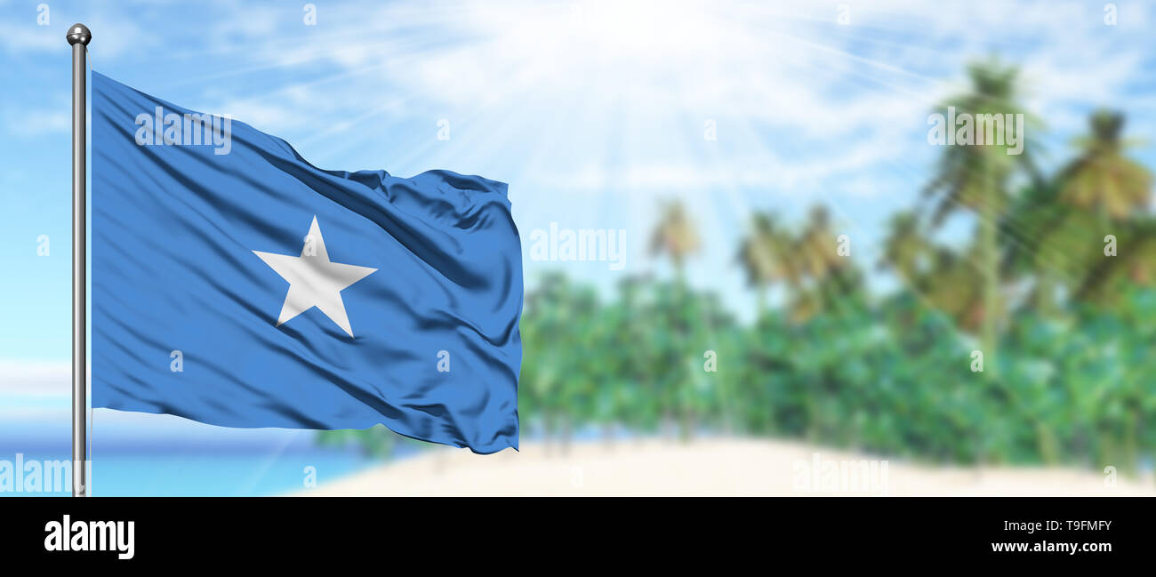 Waving Somalia flag in the sunny blue sky with summer beach background ...