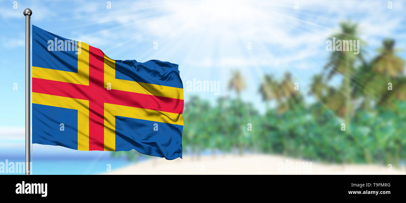 Waving Aland Islands flag in the sunny blue sky with summer beach ...