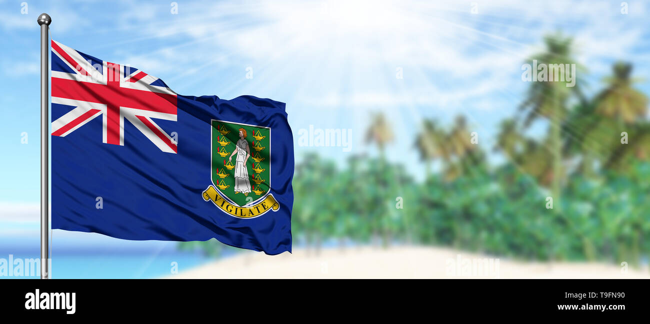 Waving British Virgin Islands flag in the sunny blue sky with summer ...
