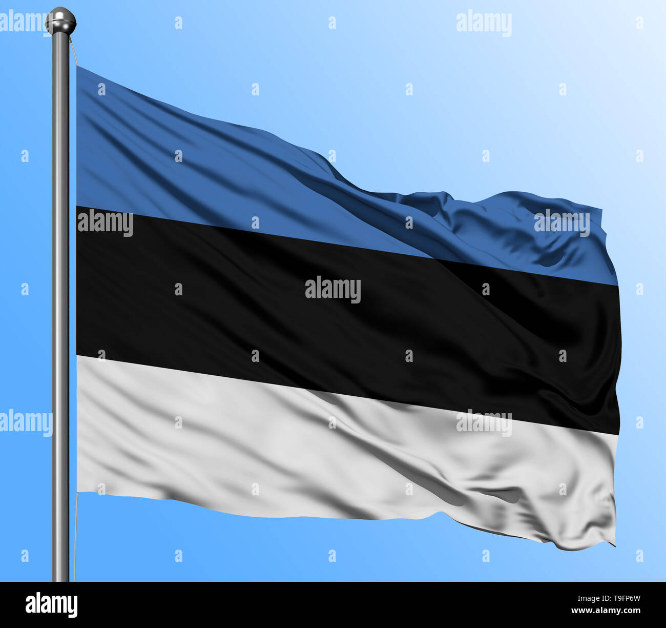 Estonia flag waving in the deep blue sky background. Isolated national ...