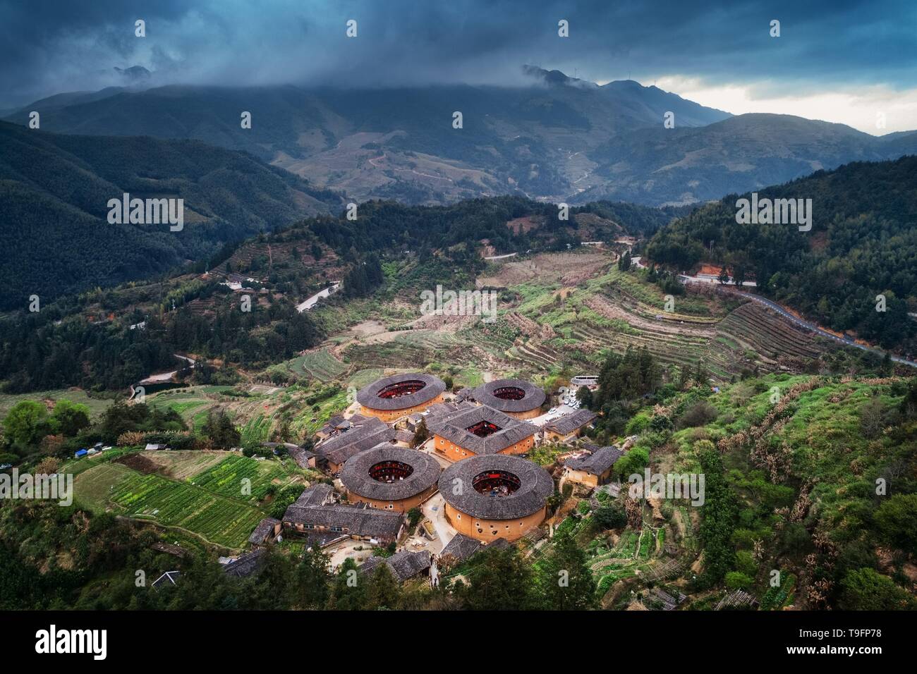 Aerial view of Tulou, the unique dwellings of Hakka in Fujian, China ...