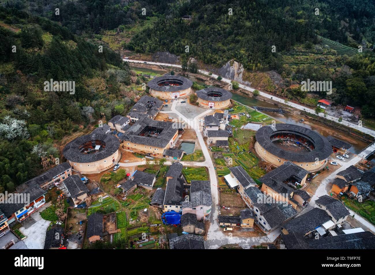 Aerial view of Tulou, the unique dwellings of Hakka in Fujian, China ...