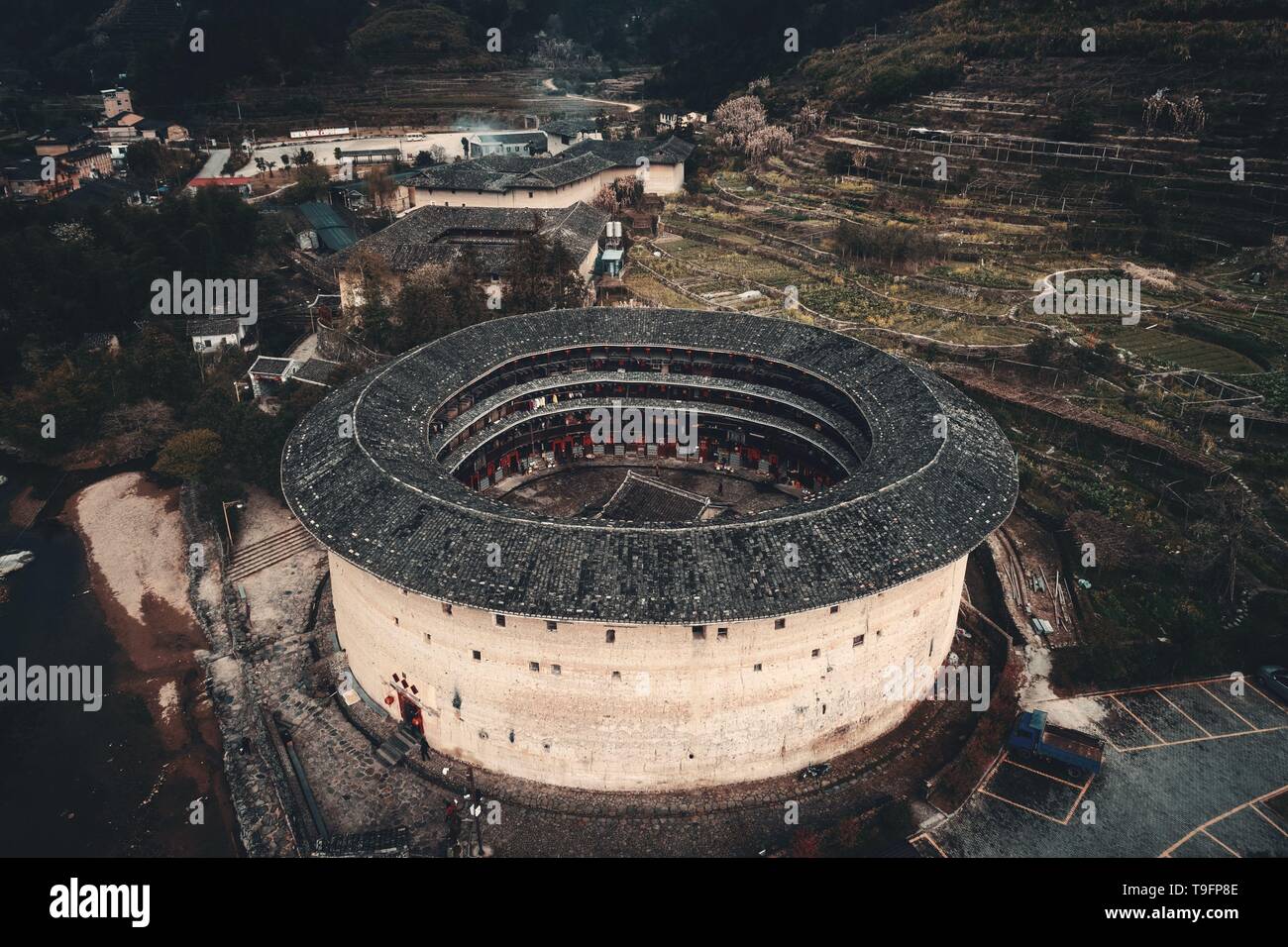 Aerial view of Tulou, the unique dwellings of Hakka in Fujian, China ...