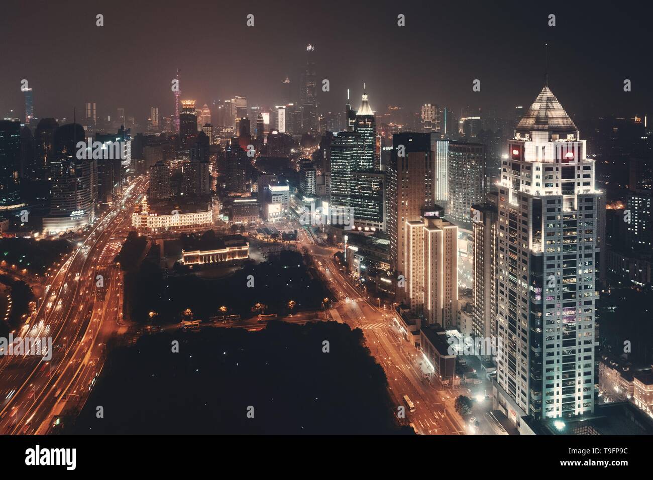Shanghai aerial night view from above with city skyline and skyscrapers ...