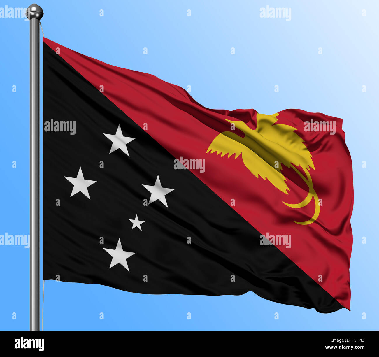 Papua New Guinea flag waving in the deep blue sky background. Isolated ...