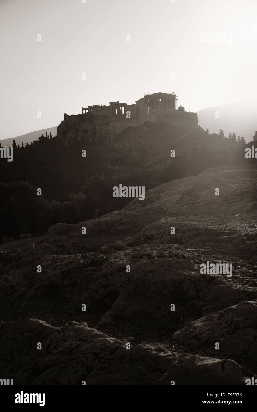 Acropolis historical ruins on top of mountain in Athens, Greece Stock ...