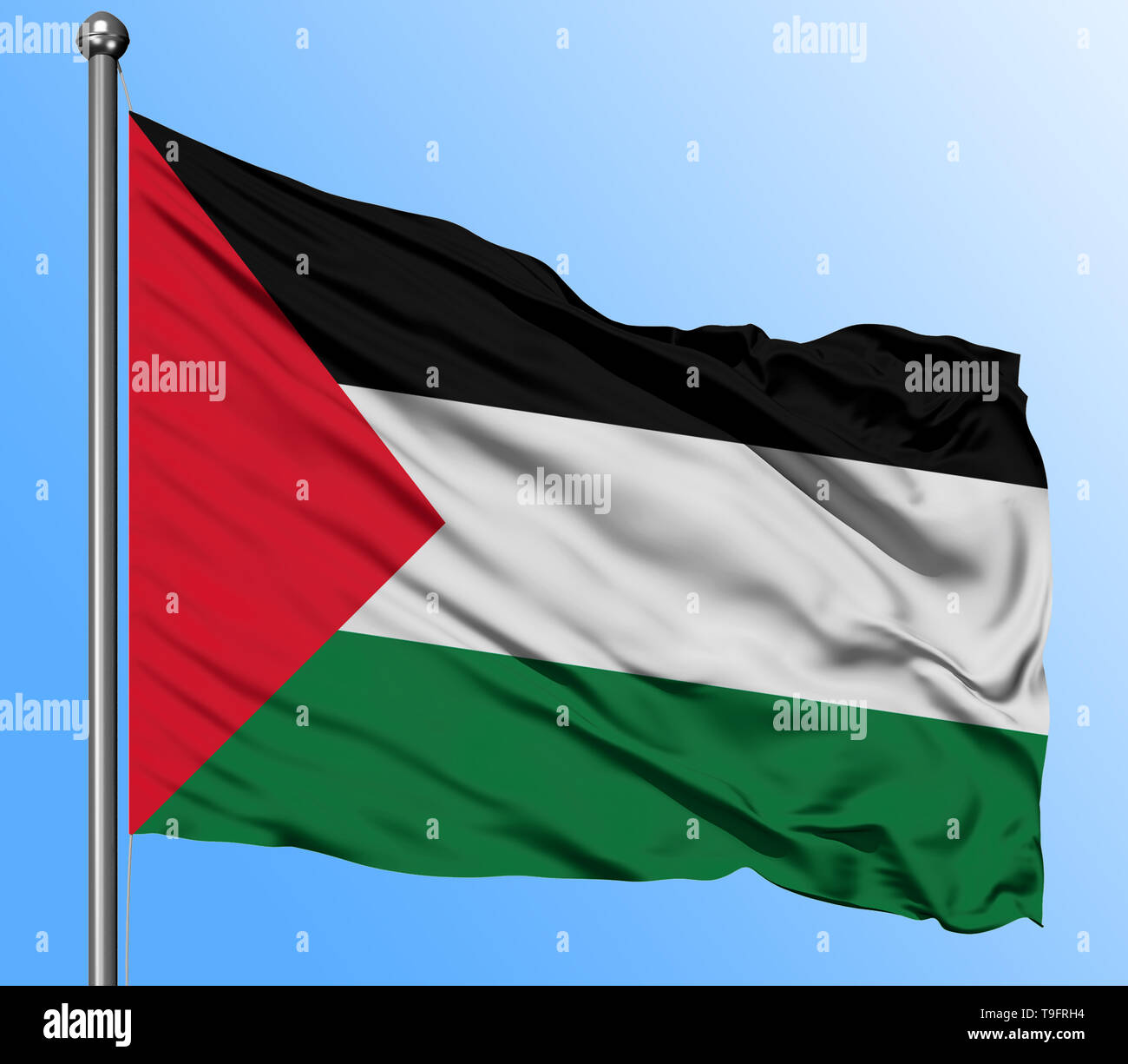 Palestine flag waving in the deep blue sky background. Isolated ...