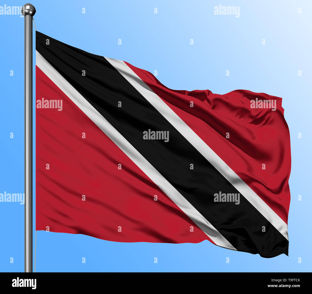 Trinidad And Tobago flag waving in the deep blue sky background ...