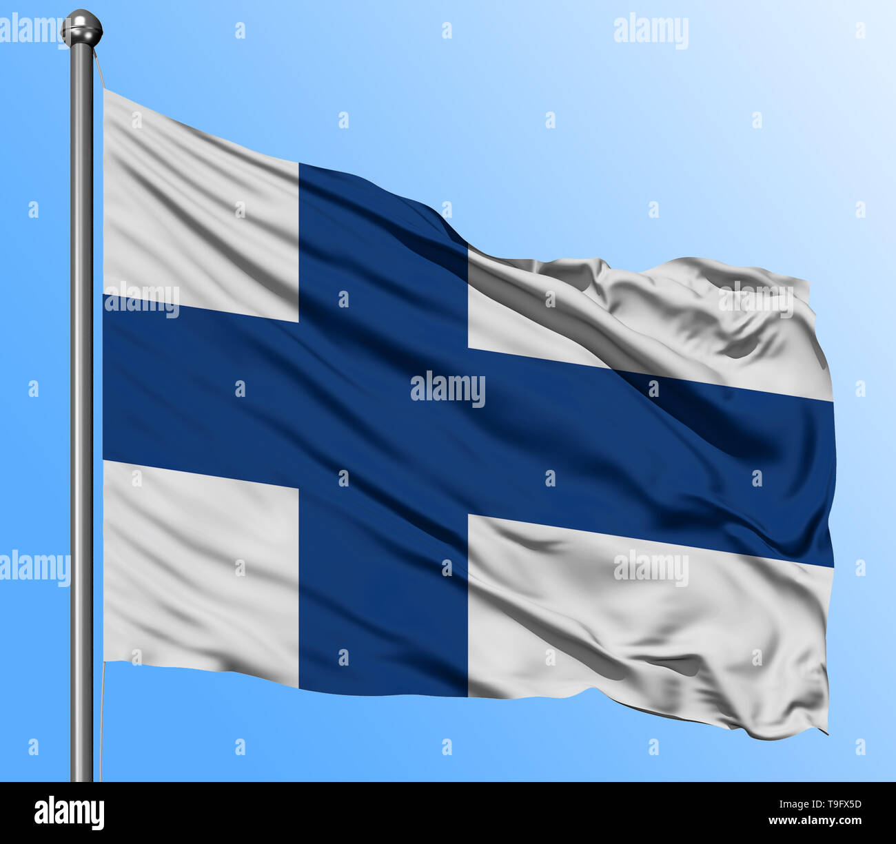 Finland flag waving in the deep blue sky background. Isolated national ...