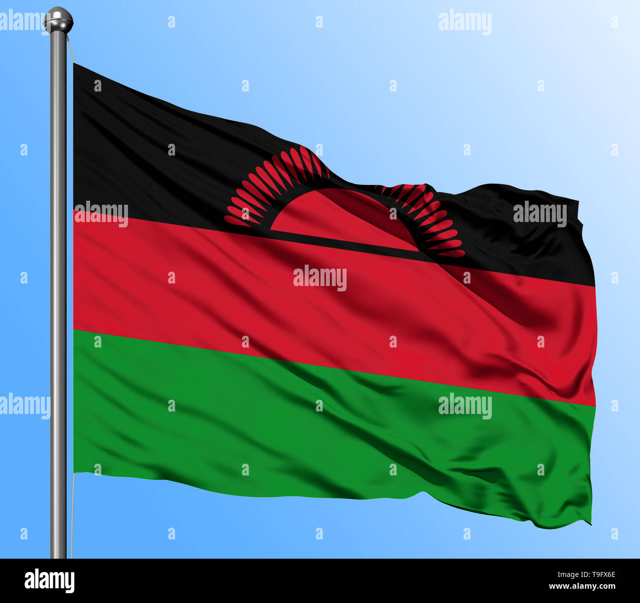 Malawi flag waving in the deep blue sky background. Isolated national ...