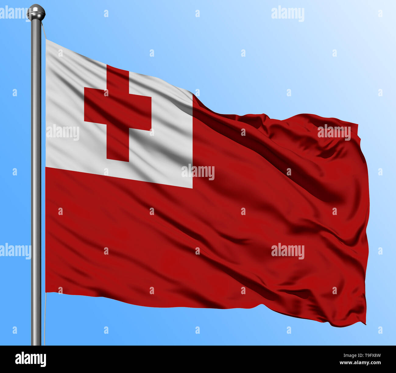 Tonga flag waving in the deep blue sky background. Isolated national ...
