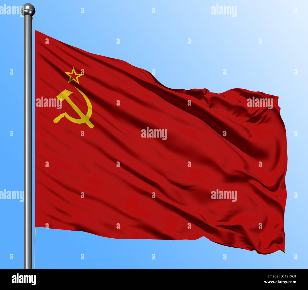 Soviet Union flag waving in the deep blue sky background. Isolated ...