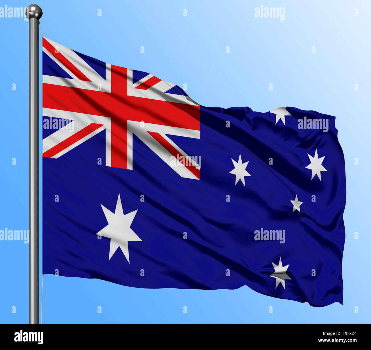 Australia flag waving in the deep blue sky background. Isolated ...