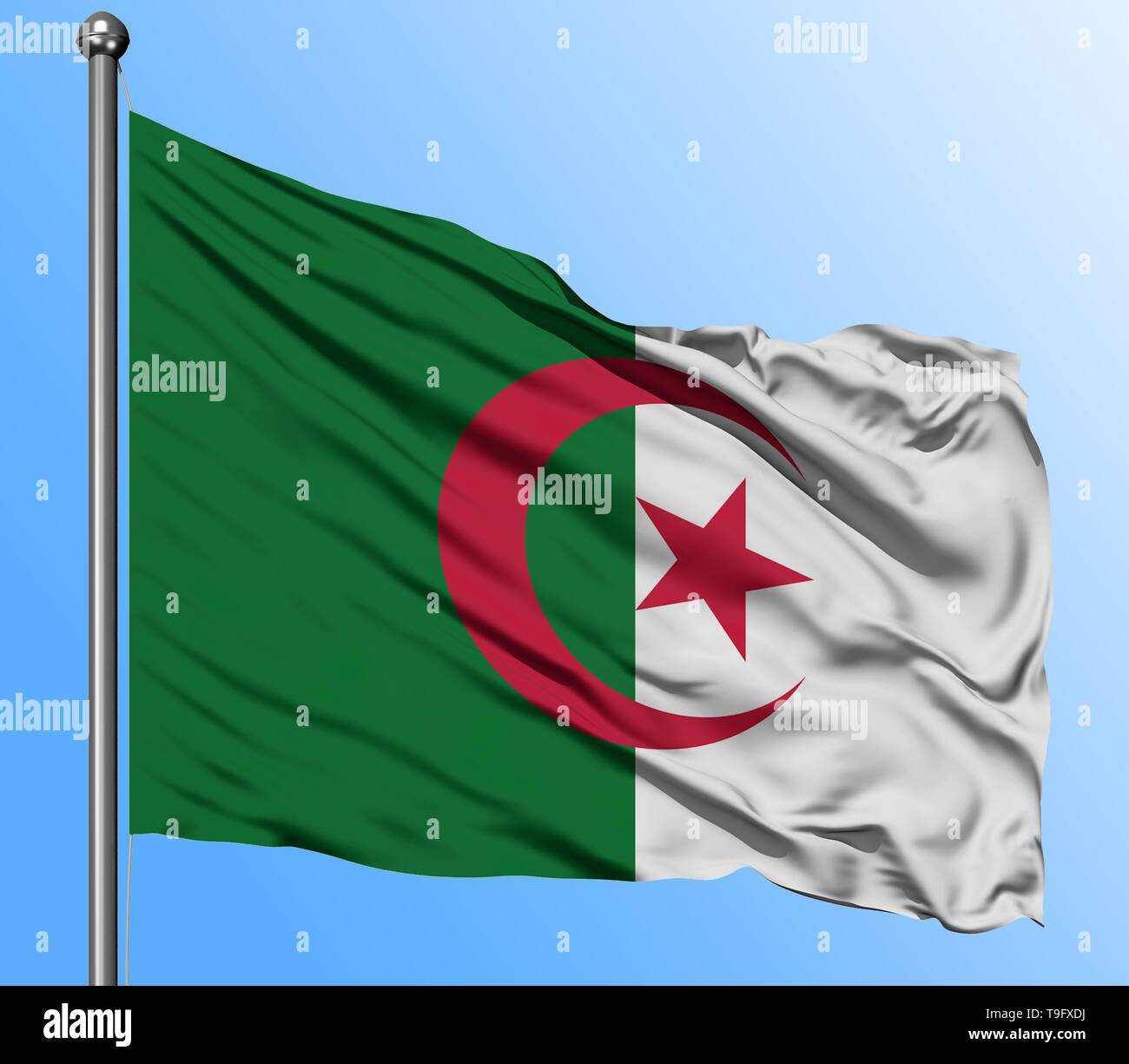 Algeria flag waving in the deep blue sky background. Isolated national ...