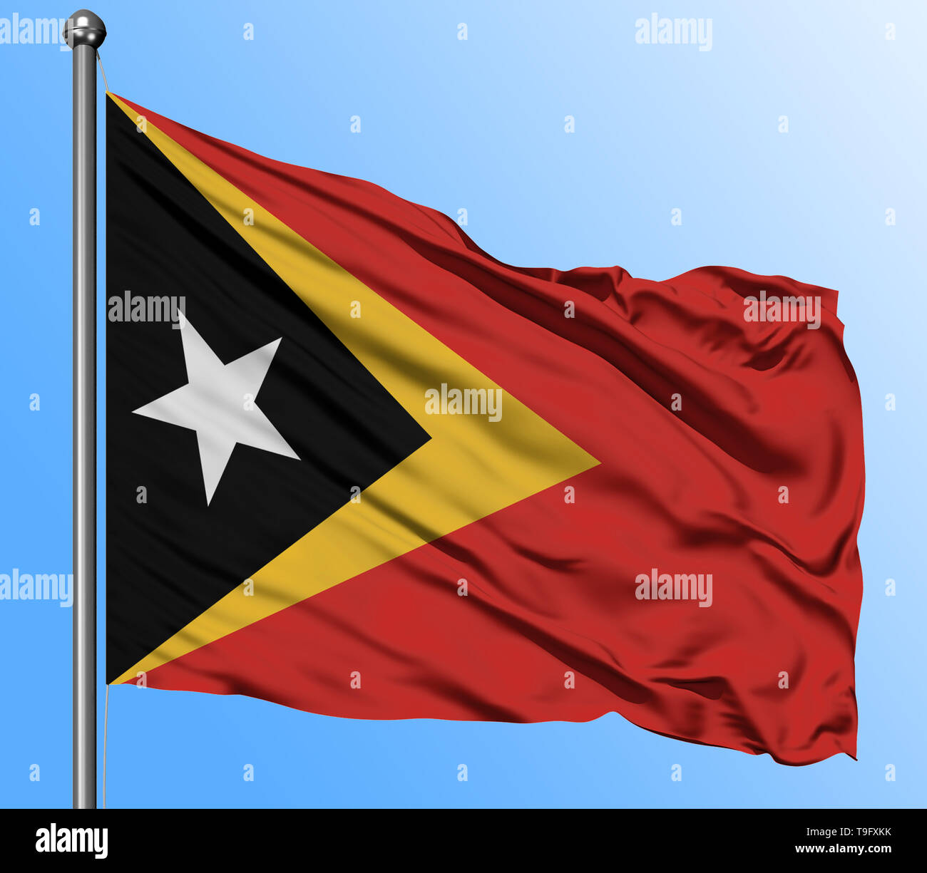 East Timor flag waving in the deep blue sky background. Isolated ...