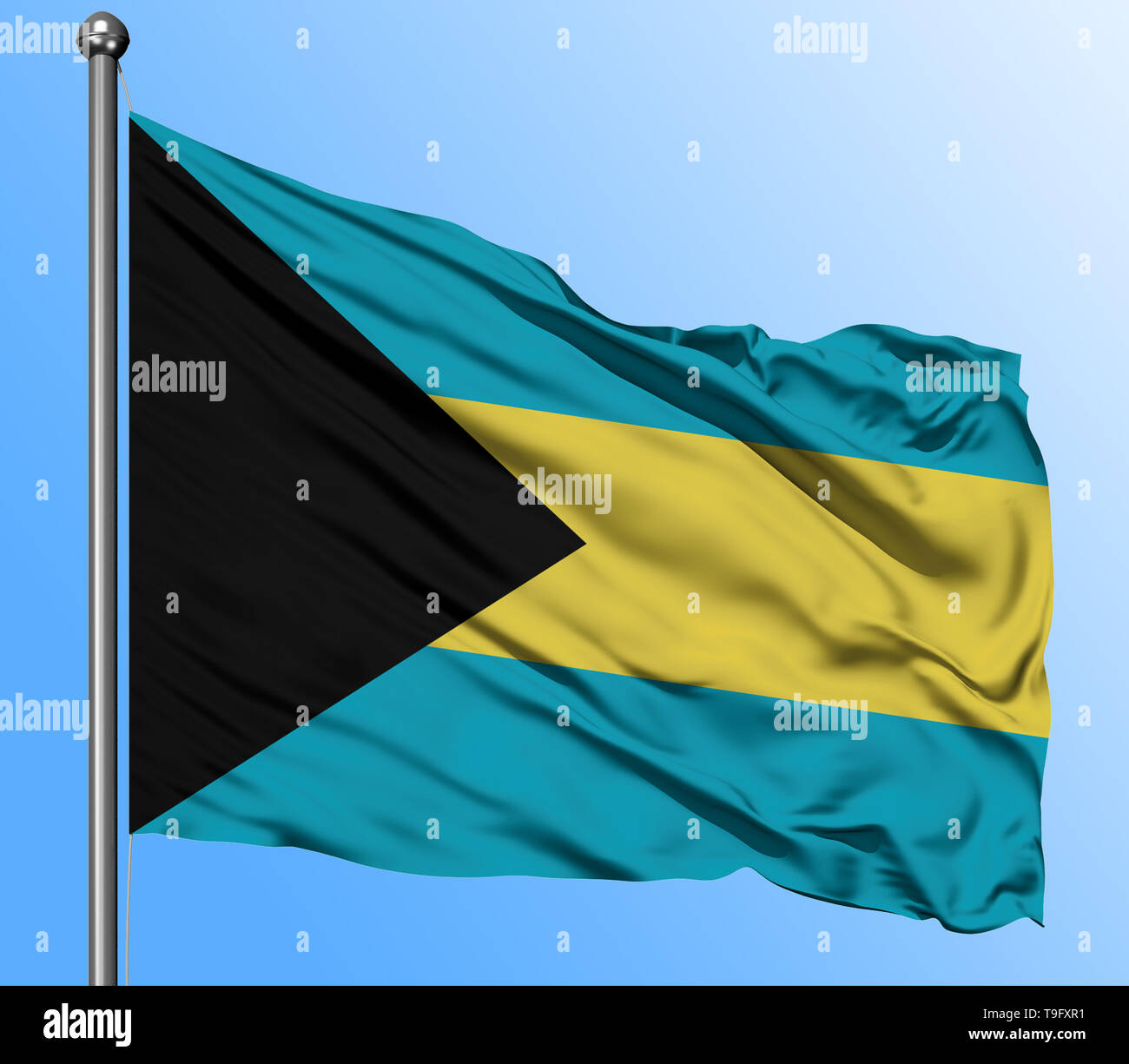 Bahamas flag waving in the deep blue sky background. Isolated national ...