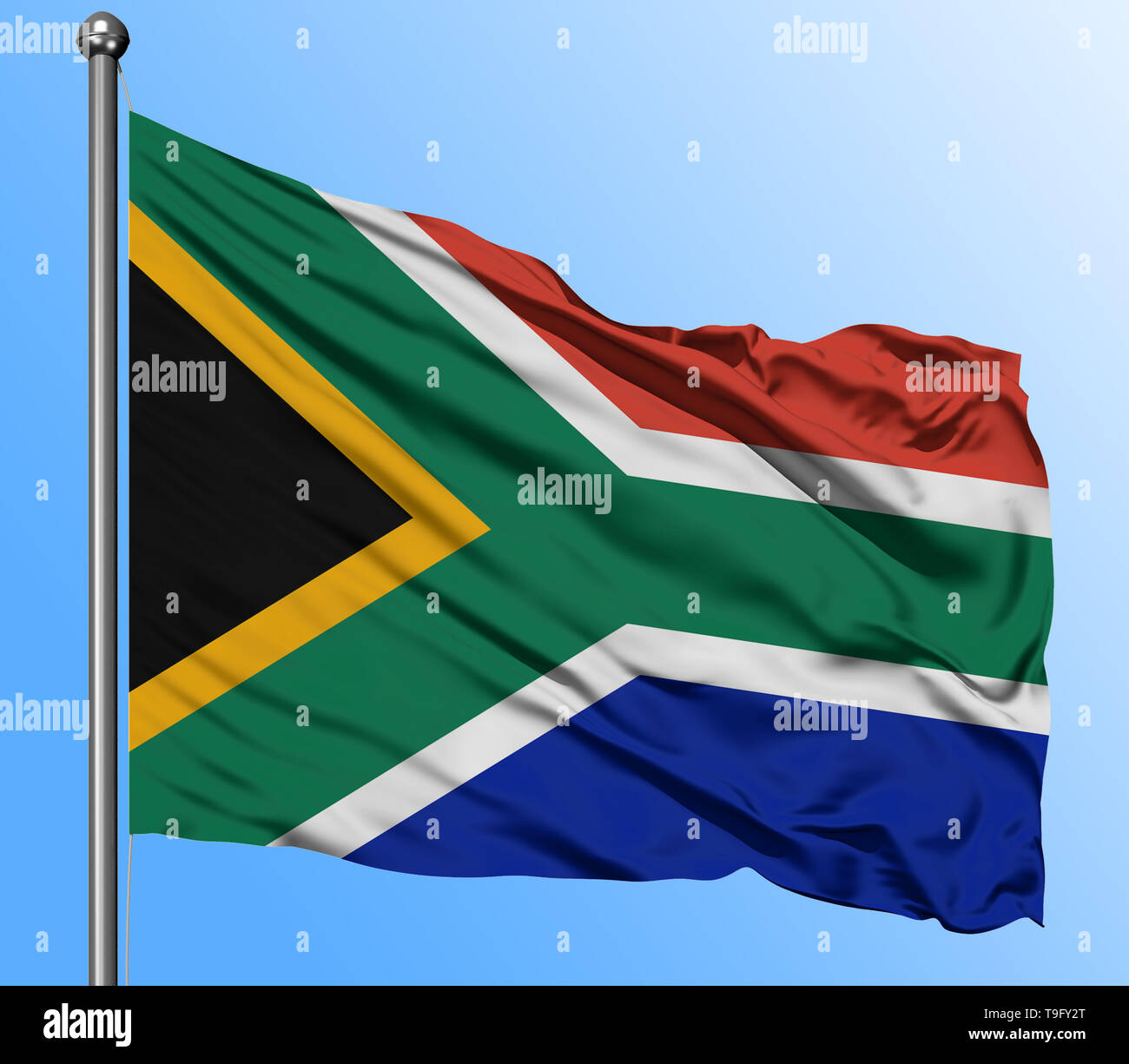 South Africa flag waving in the deep blue sky background. Isolated ...