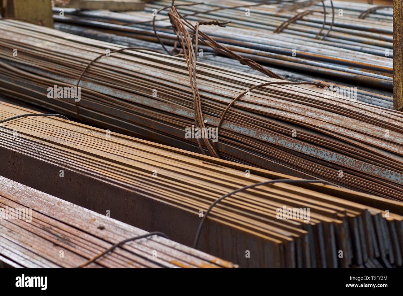 Metal profile strip in packs at the warehouse of metal products, Russia ...
