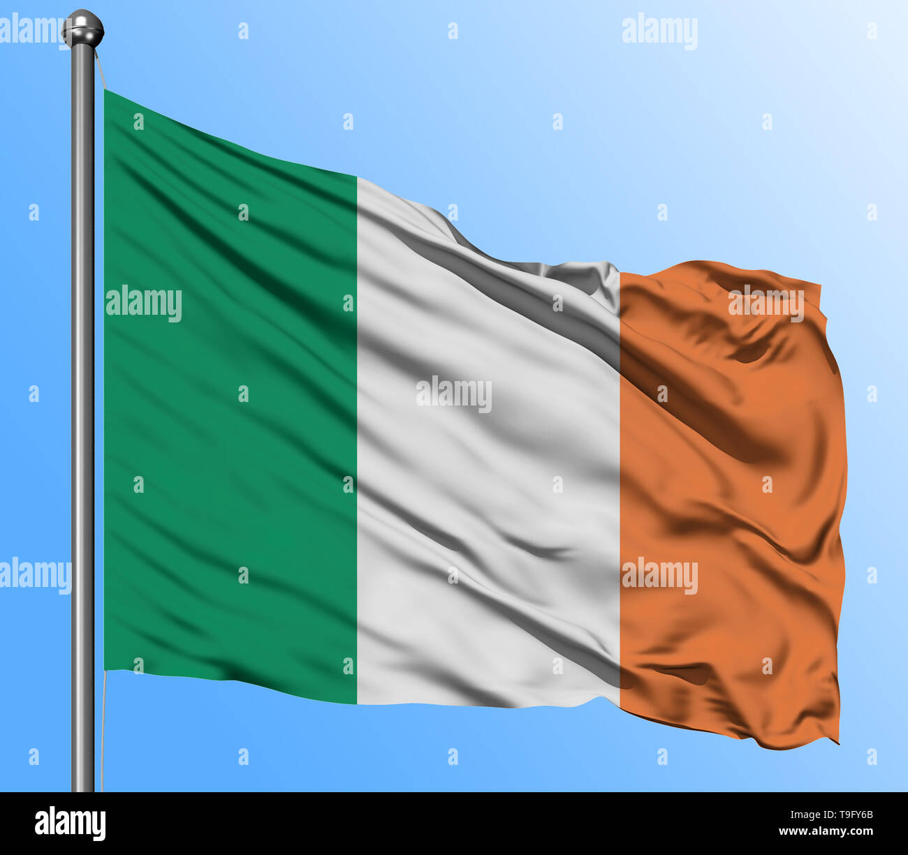 Ireland flag waving in the deep blue sky background. Isolated national ...