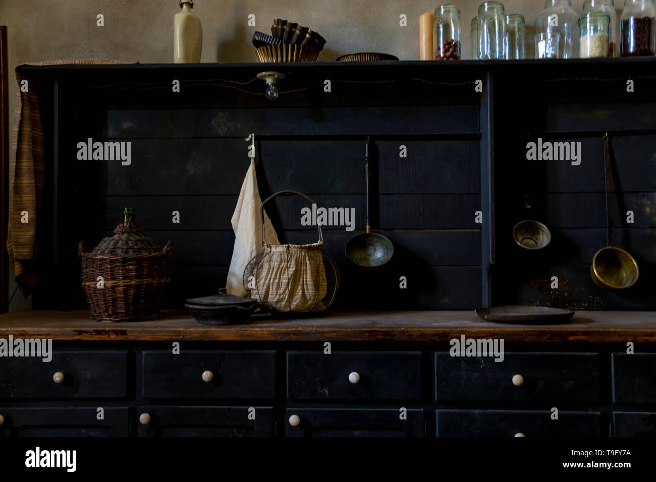 Still life with old vintage kitchen interier, dark key, home style ...