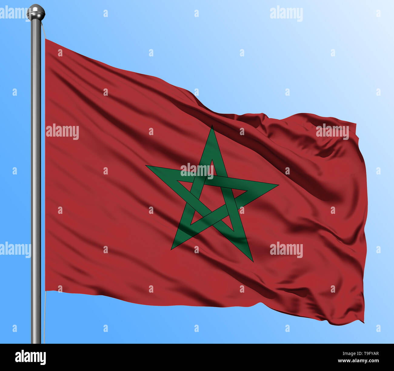 Morocco flag waving in the deep blue sky background. Isolated national ...