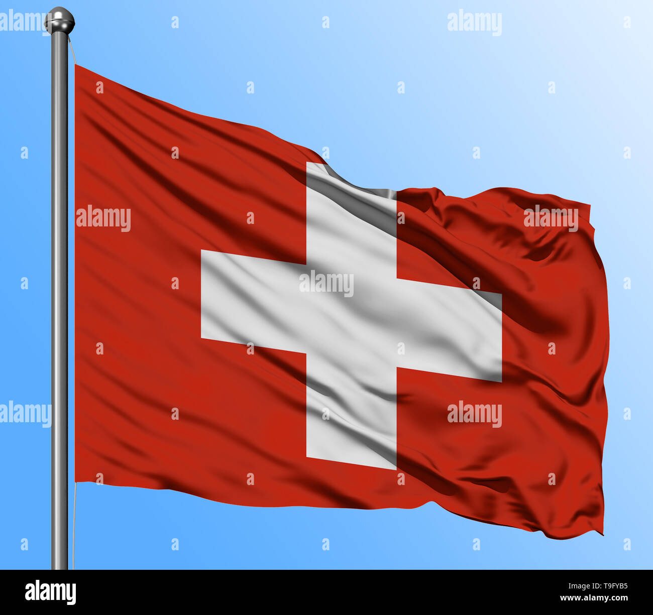 Switzerland flag waving in the deep blue sky background. Isolated ...