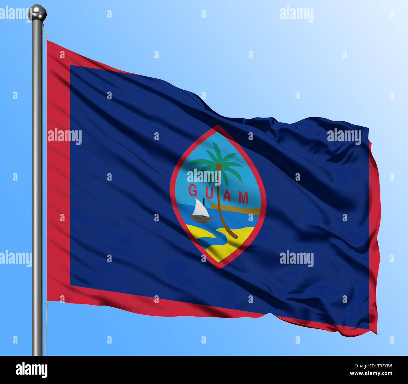Guam flag waving in the deep blue sky background. Isolated national ...