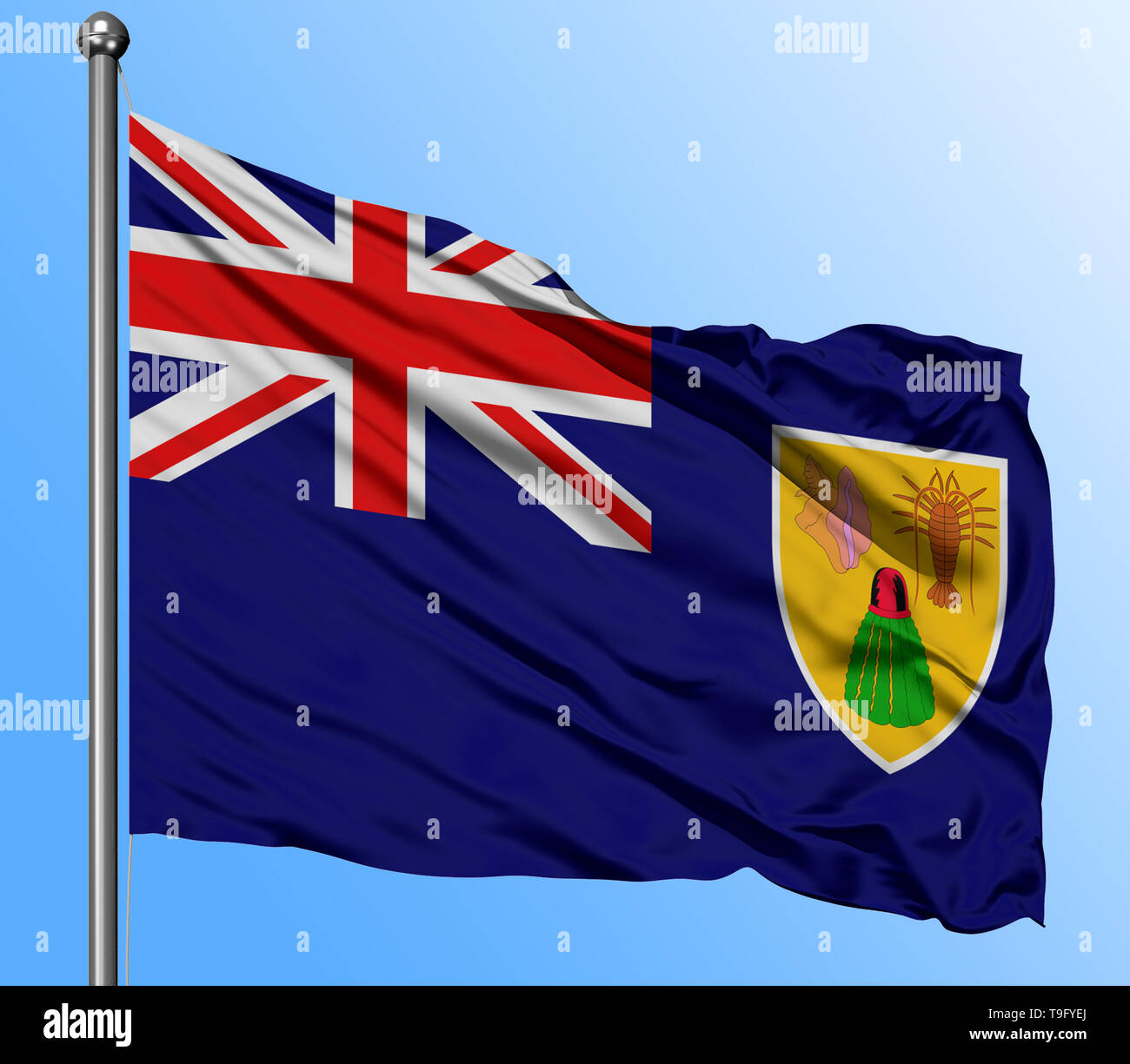 Turks And Caicos Islands flag waving in the deep blue sky background ...
