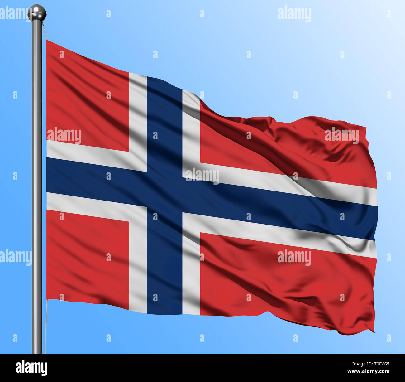 Norway flag waving in the deep blue sky background. Isolated national ...